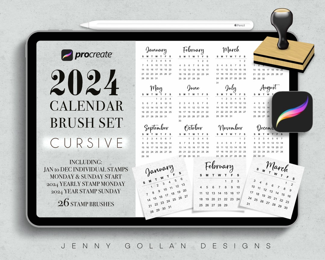 2024 Procreate Calendar Stamp Brushes Set Cursive Mini Months and Full ...
