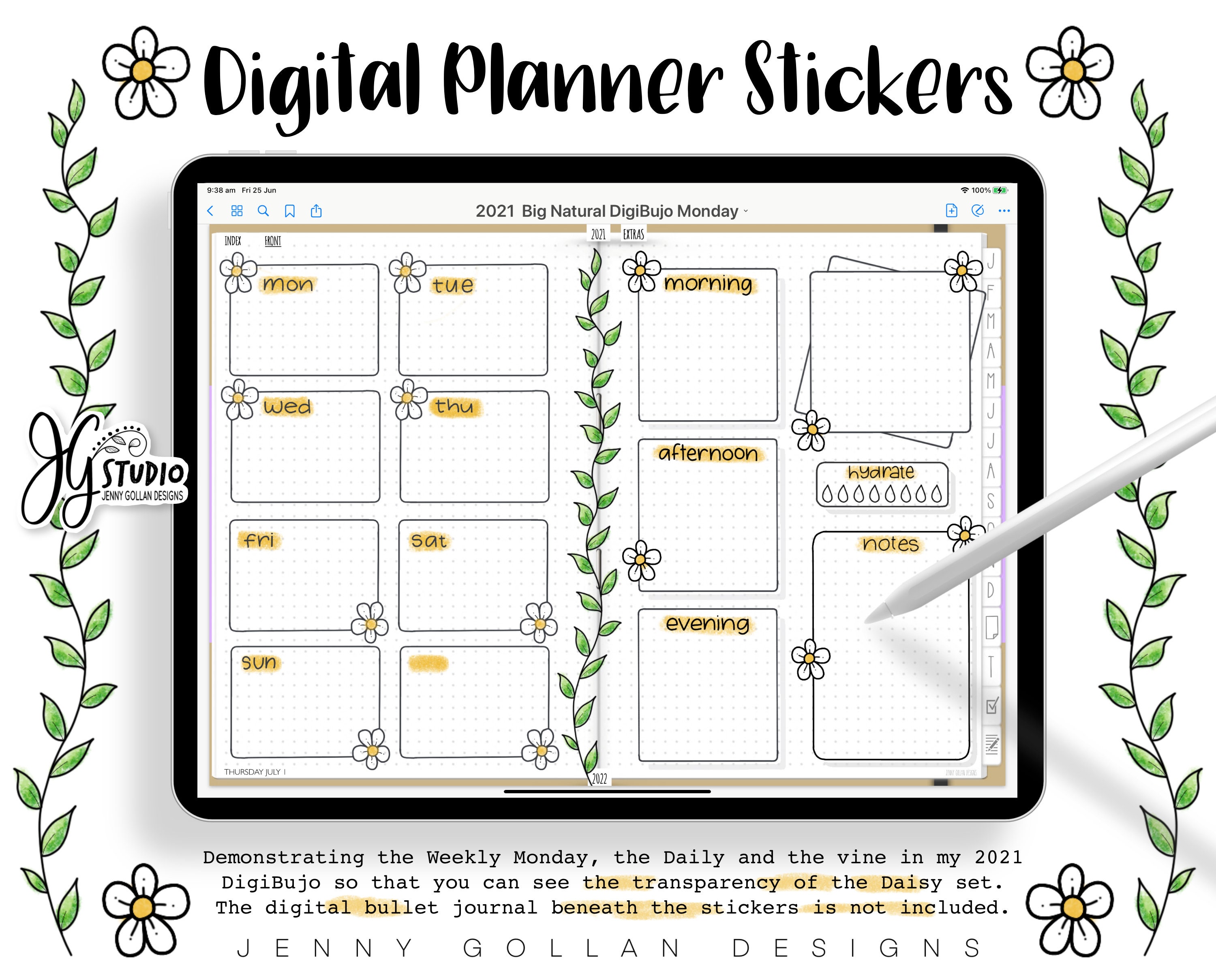 Cropped Digital Stickers Hand Drawn Daisy Set Weekly and Daily ...