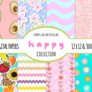 Digital Paper Set in 8 Original Hand Drawn Happy Patterns for Digital ...