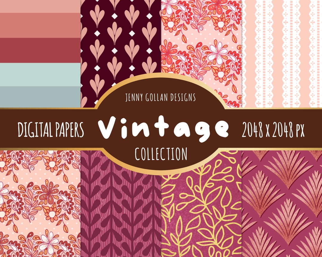 Digital Paper Set in 8 Original Hand Drawn Vintage Patterns for Digital ...