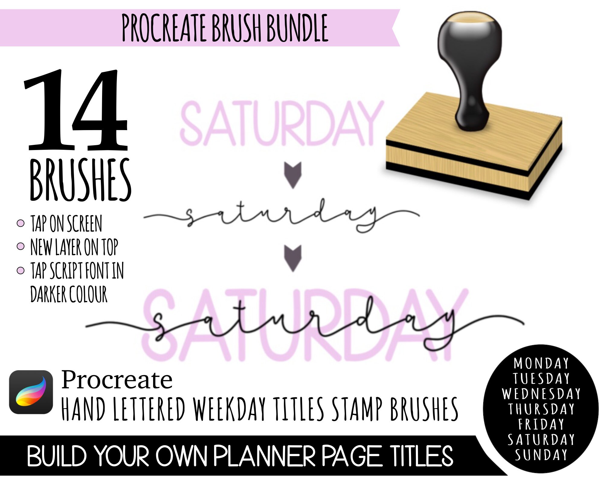 Procreate Brushes Set of 14 Hand Lettered Weekdays in Layers | Etsy ...