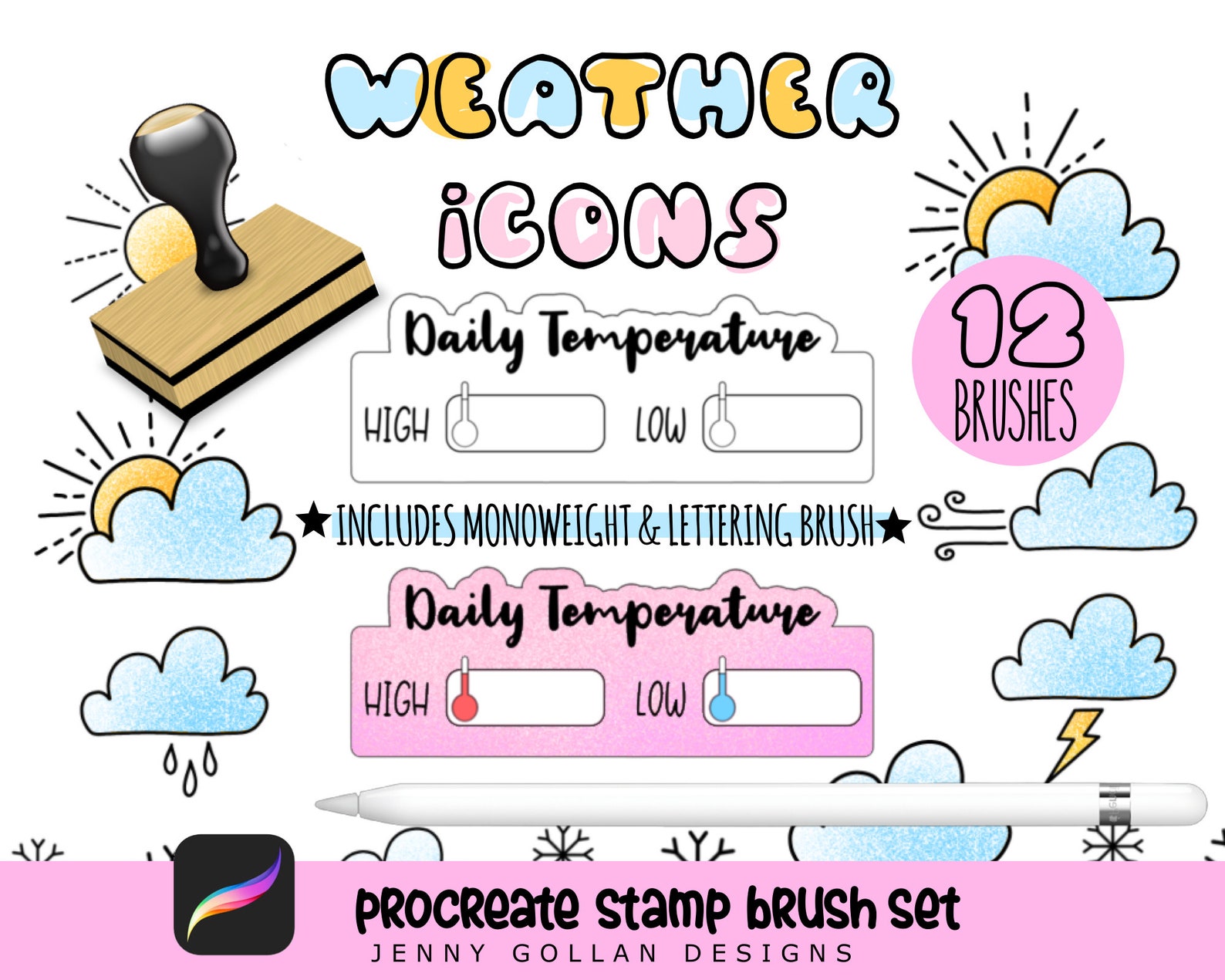 Procreate Brushes Weather Icons Stamps Plus Lettering Brush | Etsy