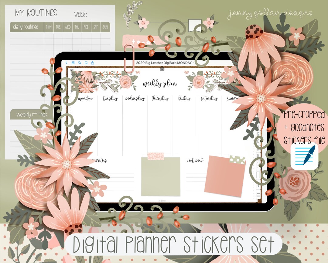 Cropped Digital Planner Stickers Peach and Green Bundle With Pre ...
