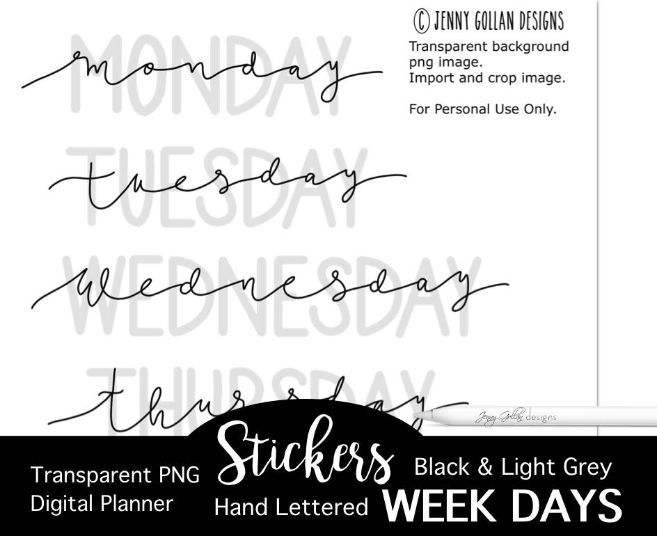 Digital Planner Stickers Hand Lettering Weekdays Black and - Etsy
