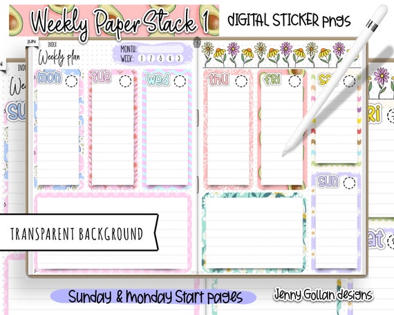 Digital Planner Stickers Weekly Layout Sunday and Monday Start | Etsy