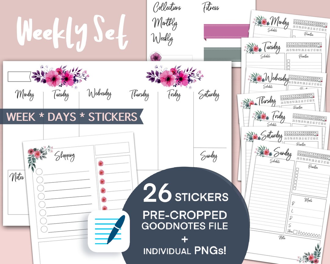 Cropped Digital Planner Stickers Bundle Floral Weekly Set Transparent ...