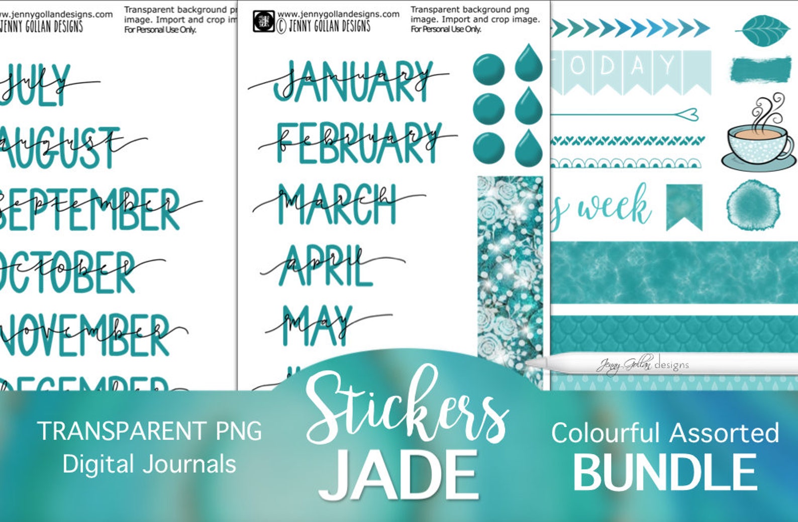 Digital Planner Stickers Jade Bundle Months Assorted PNG | Etsy
