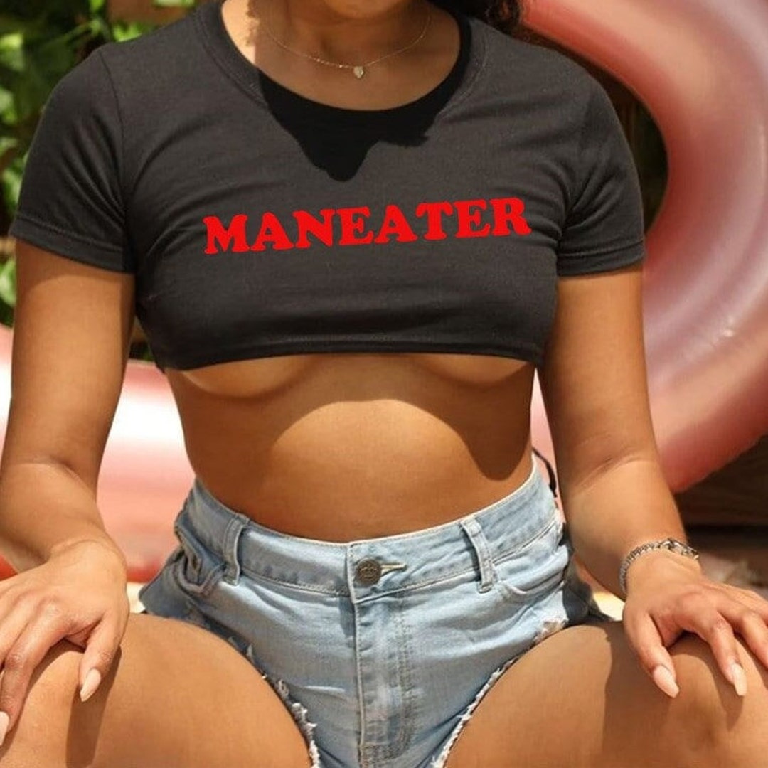 Maneater Sexy T Shirt Mini Crop Top Womens Underboob Tee Sexy