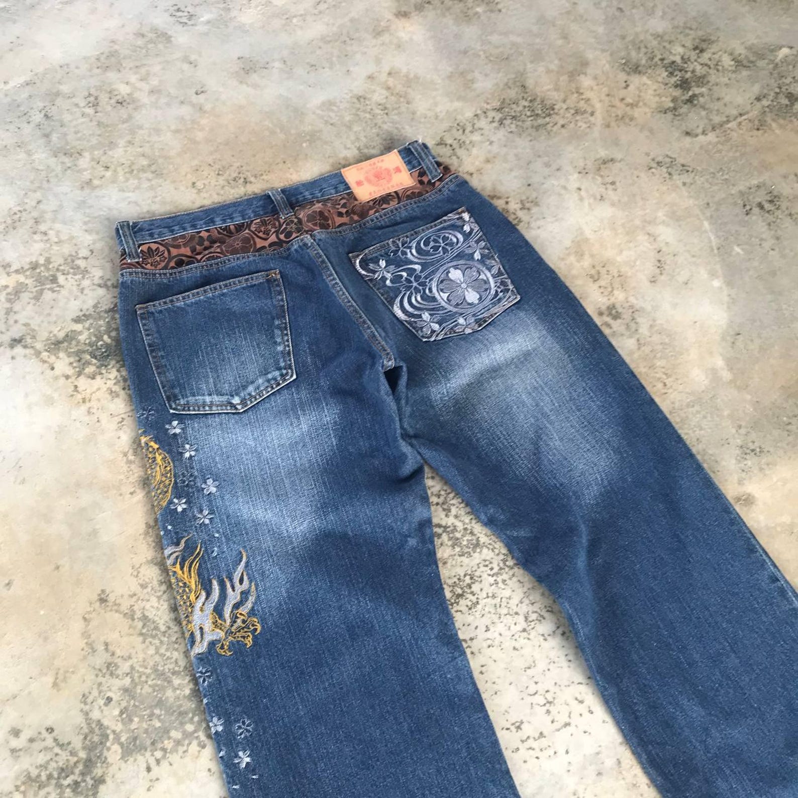 VINTAGE GOLD DRAGON Embroidered Sukajan Buden Karakuri Japanese Jean ...