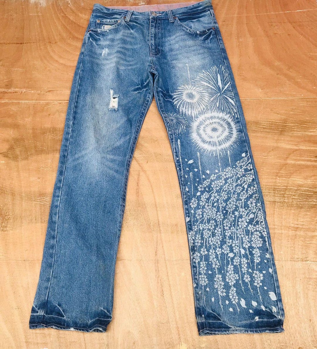 RARE JAPAN SUKAJAN Jean Buden Distressed Denim Japan Art Flower Painted ...