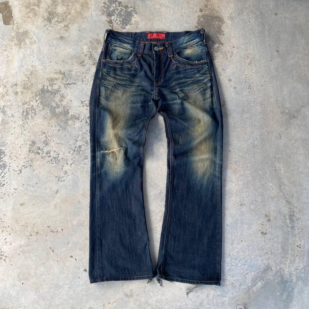 VINTAGE EDWIN FLARED Japan Edwin Boot Cut Denim Distressed Ripped Knee ...