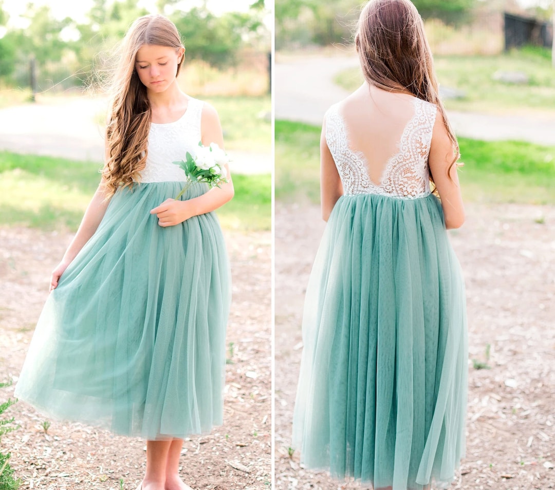Robe fille fleur Boho Boho vert sauge, robe fille en tulle de dentelle ...