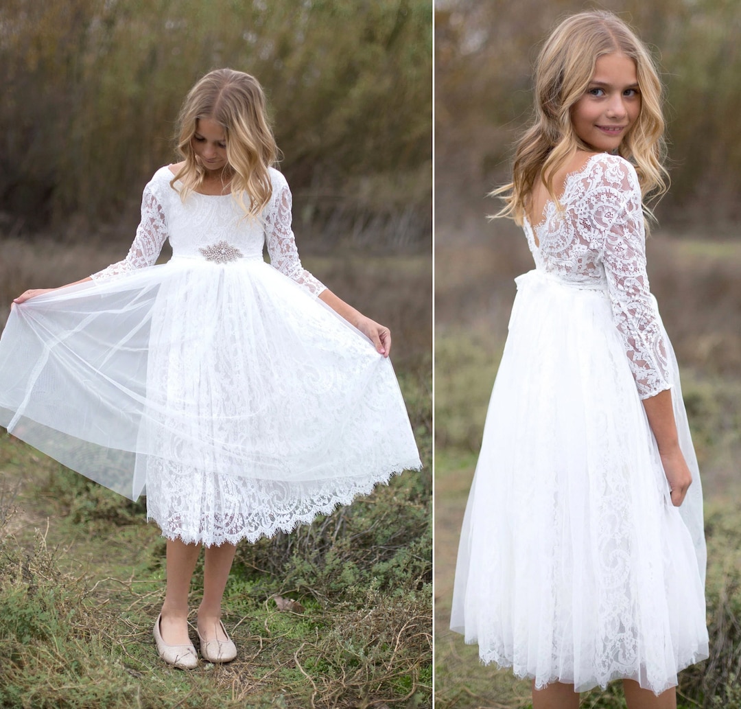 Bohemian Boho Flower Girl Dress , White Lace Tulle Girl Dress, Lace ...