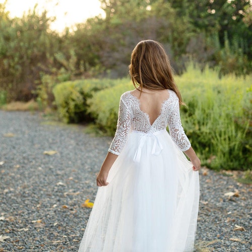 Long Sleeve Lace Flower Girl Dress Rustic Tulle Wedding Etsy