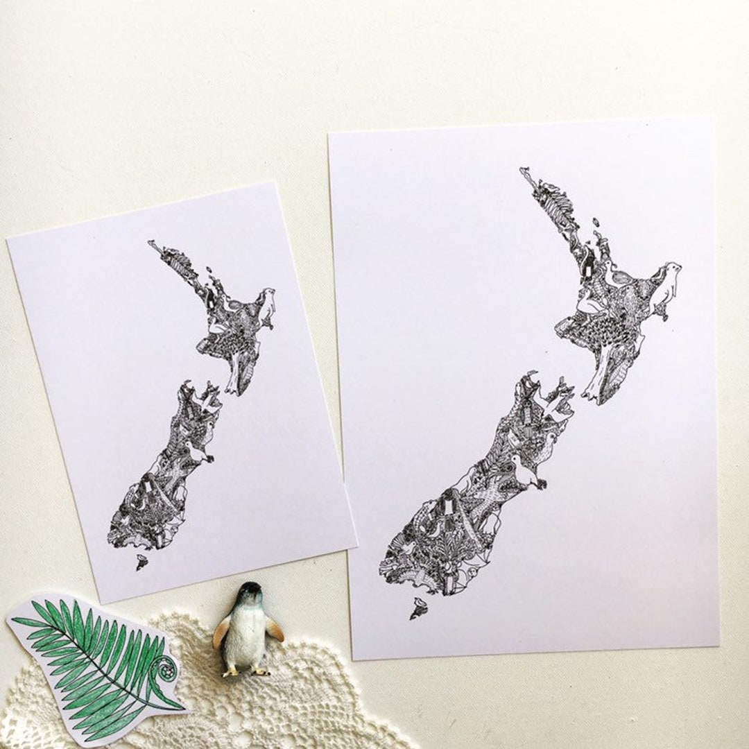 Illustrated Map of New Zealand- A4 and A5 Unique Map Illustration Print ...