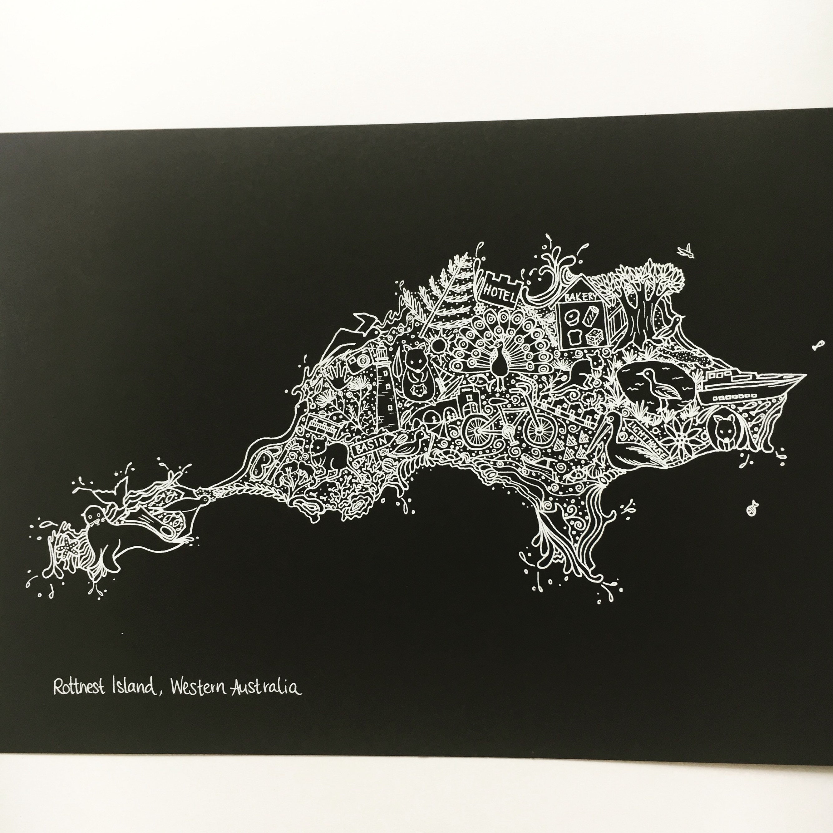 Rottnest Island Illustrated Map A4 / A5 unique white ink | Etsy