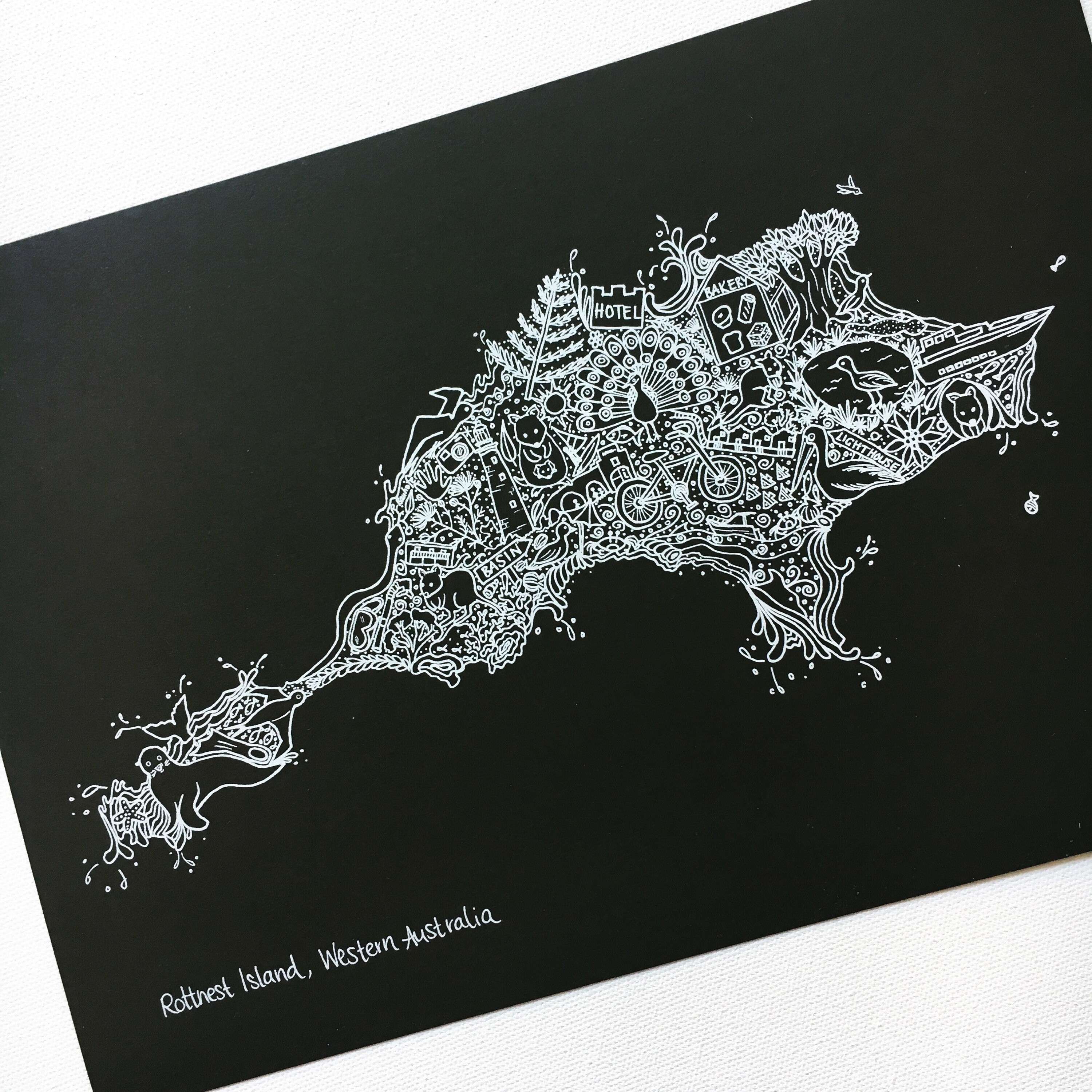 Rottnest Island Illustrated Map A4 / A5 unique white ink | Etsy