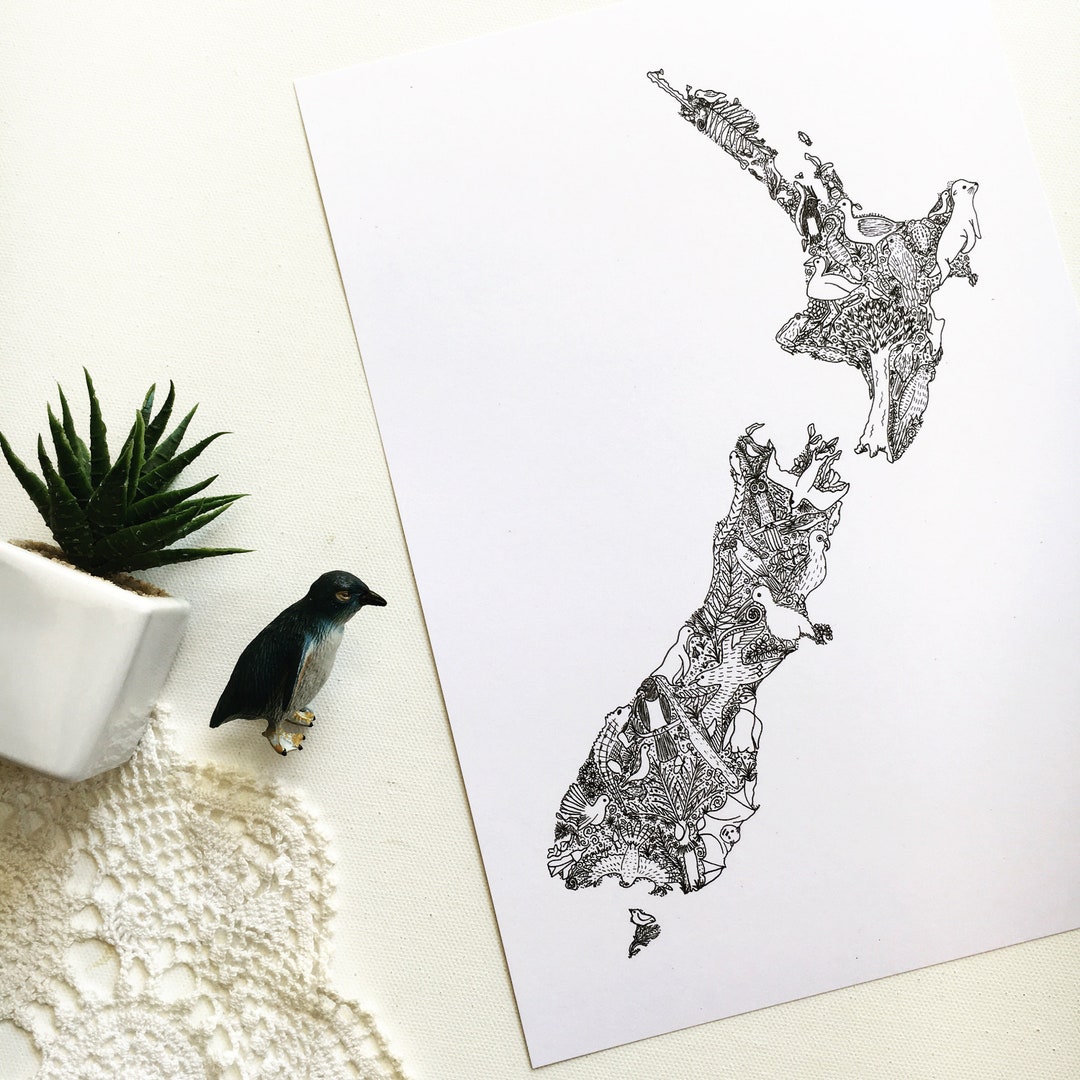 Illustrated Map of New Zealand- A3 Unique Map Illustration Print; NZ ...