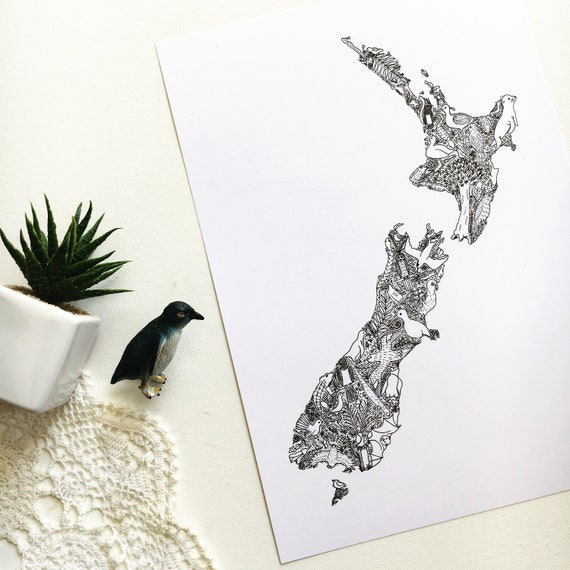 Illustrated Map of New Zealand A3 Unique Map Illustration - Etsy