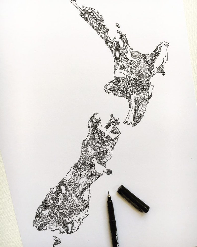 Illustrated Map of New Zealand- A4 and A5 Unique Map Illustration Print ...