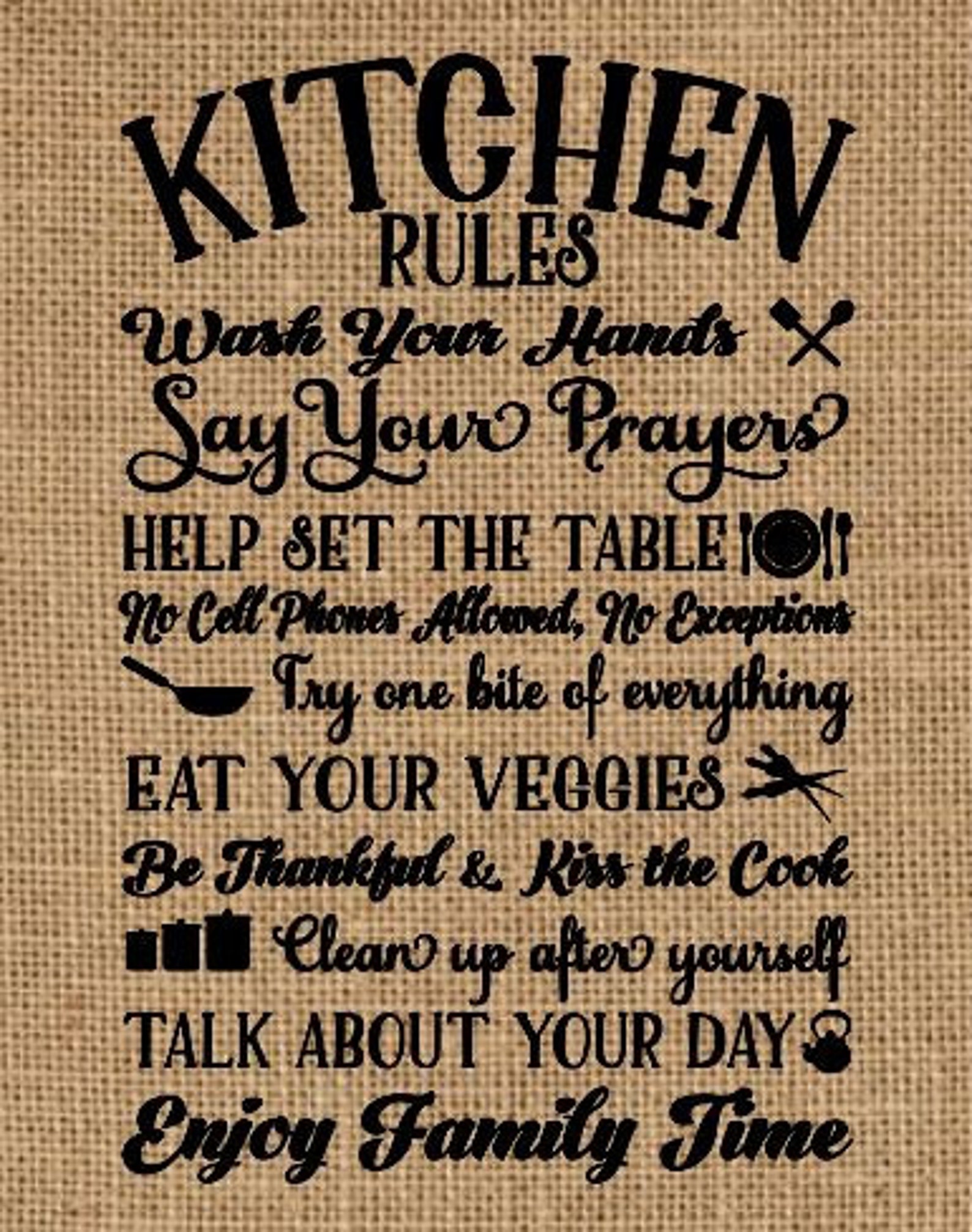 Kitchen Rules Burlap Print – Home Décor – Wall Decor - Kitchen Sign ...