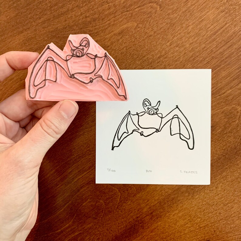 Bat Block Print, Tiny Artwork, Lino Print, Mexican Free-tailed Bat ...