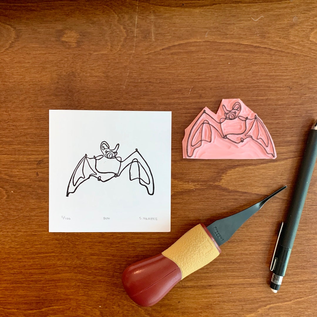 Bat Block Print, Tiny Artwork, Lino Print, Mexican Free-tailed Bat ...