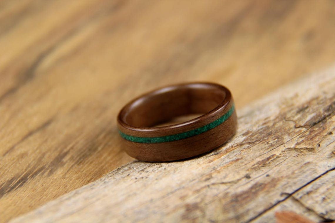Walnut Wood Ring With Offset Malachite Inlay Handcrafted Bentwood Ring ...