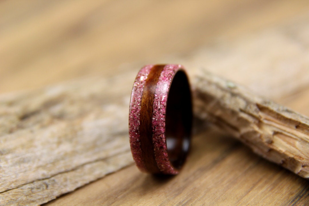 Handcrafted Santos Rosewood Bentwood Ring: Pink German Glass Glitter ...