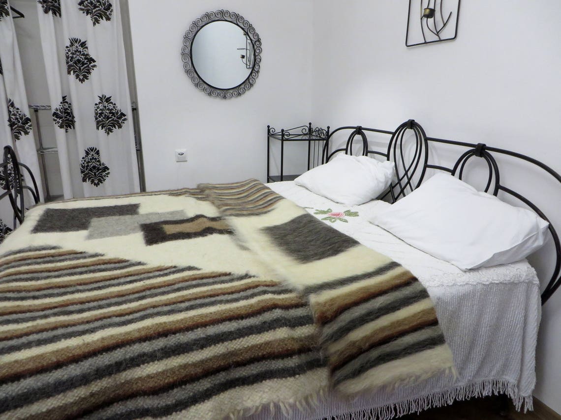 Wool Bed Blanketrustic Wool Blanketswoven Coverletqueen | Etsy