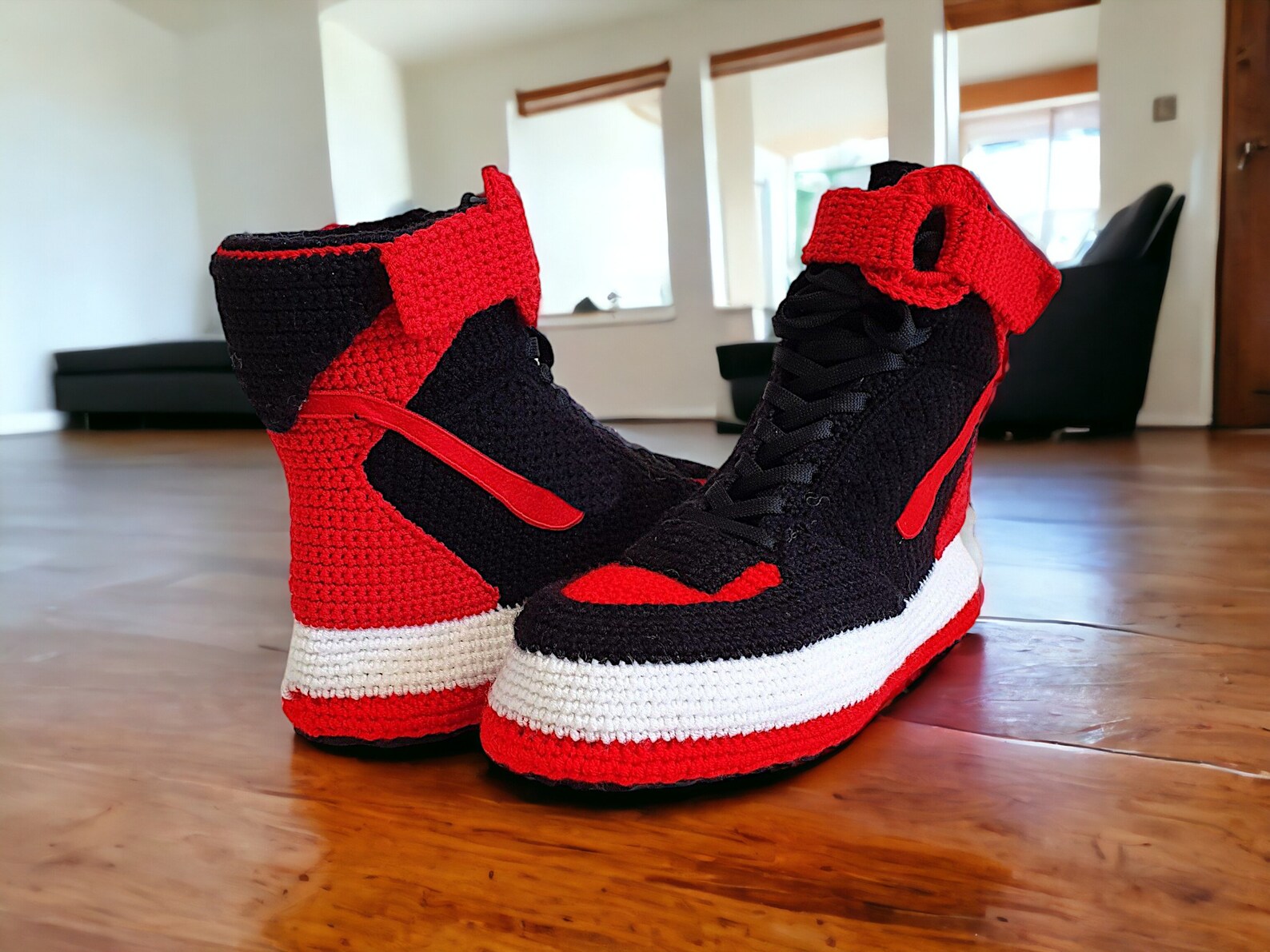 Custom Jordan-style High Top Sneaker Slippers - Red and Black Unisex ...
