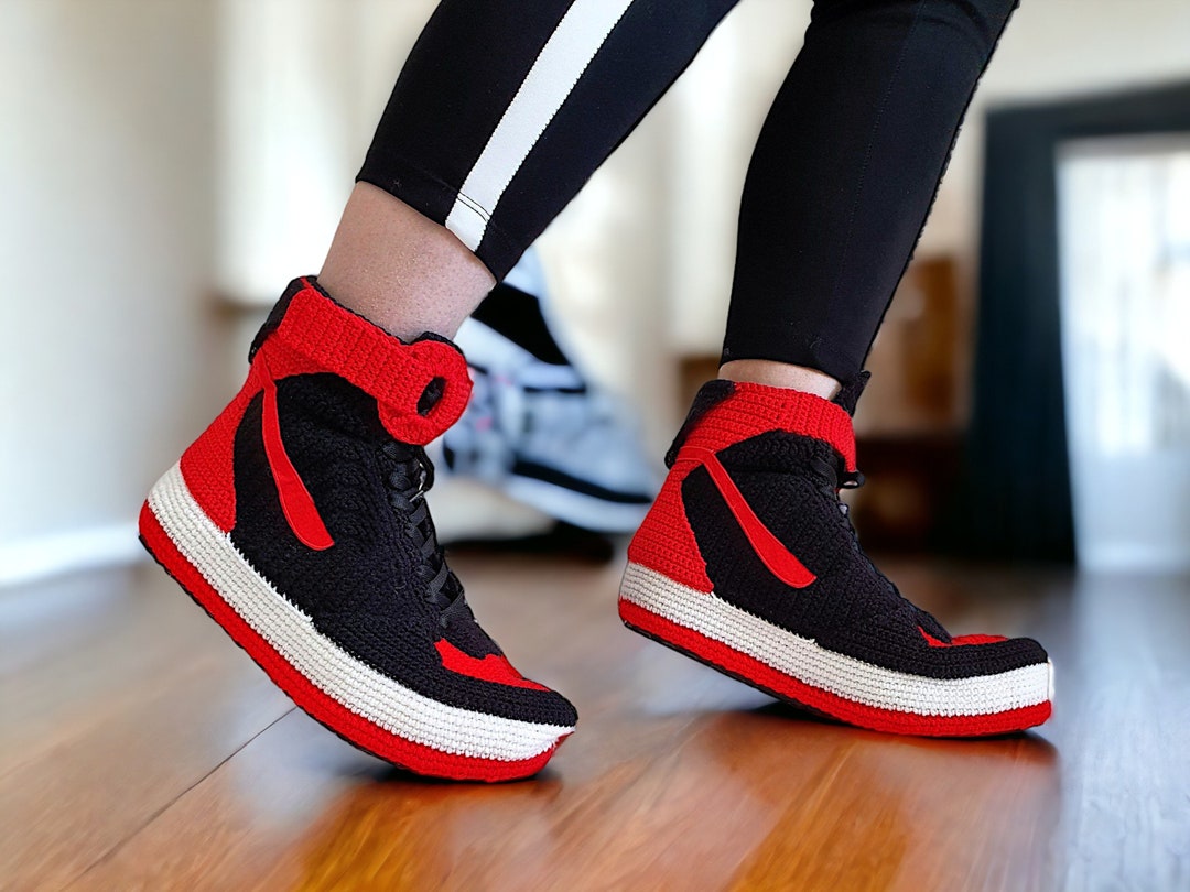 Custom Jordan-style High Top Sneaker Slippers - Red and Black Unisex ...