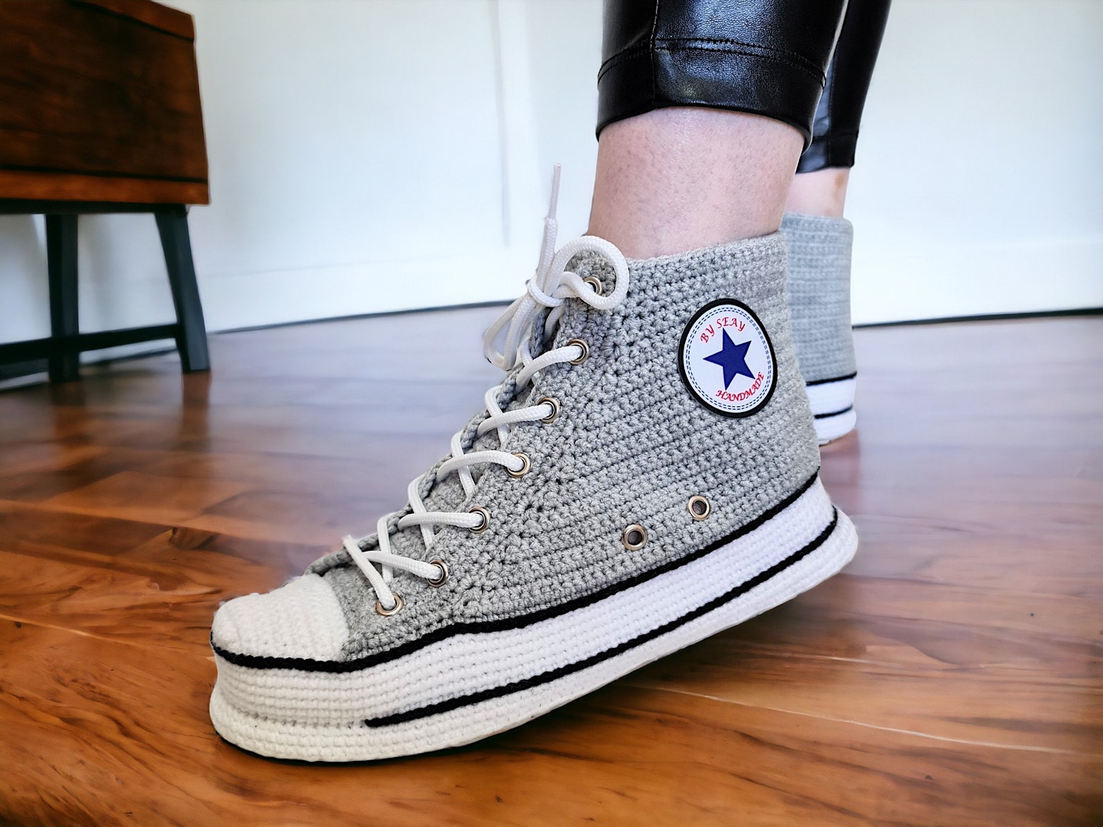 Gray Converse-style Crochet Sneakers Slippers | Custom Wool Blend Knit ...