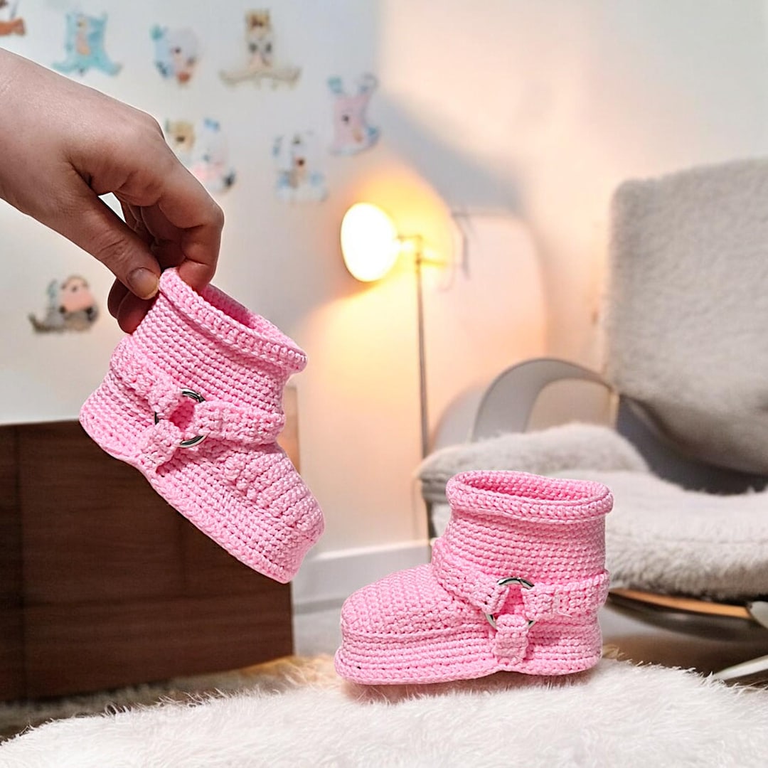 Pink Crochet Baby Girl Booties - Harness-style Newborn Shoes - Gender ...