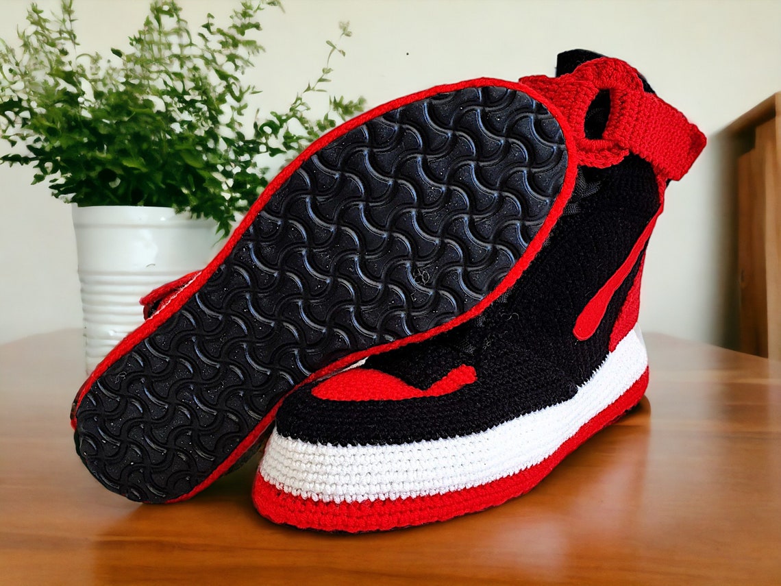 Custom Jordan-style High Top Sneaker Slippers - Red and Black Unisex ...