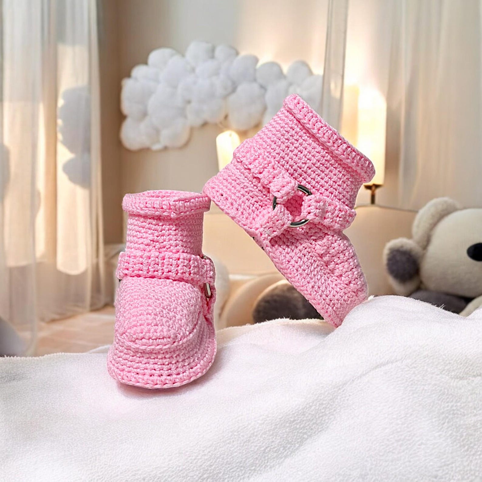 Pink Crochet Baby Girl Booties - Harness-style Newborn Shoes - Gender ...