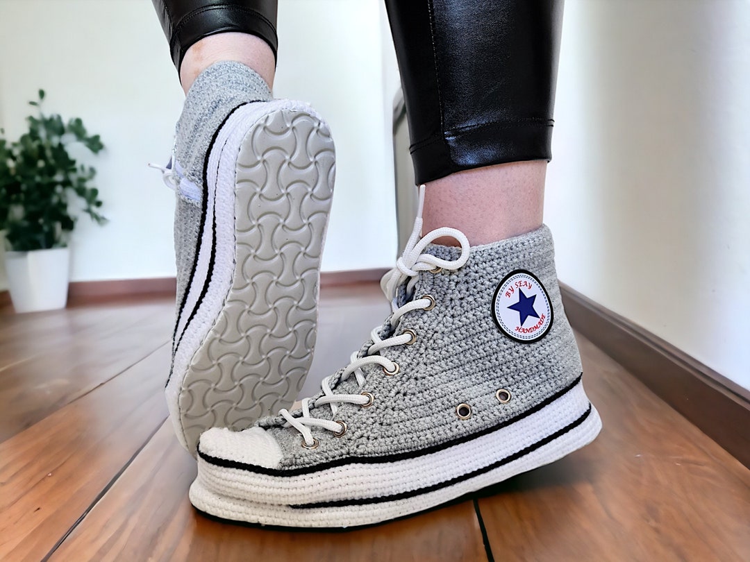 Gray Converse-style Crochet Sneakers Slippers | Custom Wool Blend Knit ...