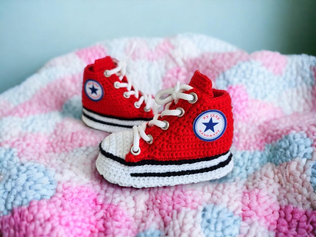 Custom Crochet Baby Red Booties, Personalized Newborn Converse-like ...