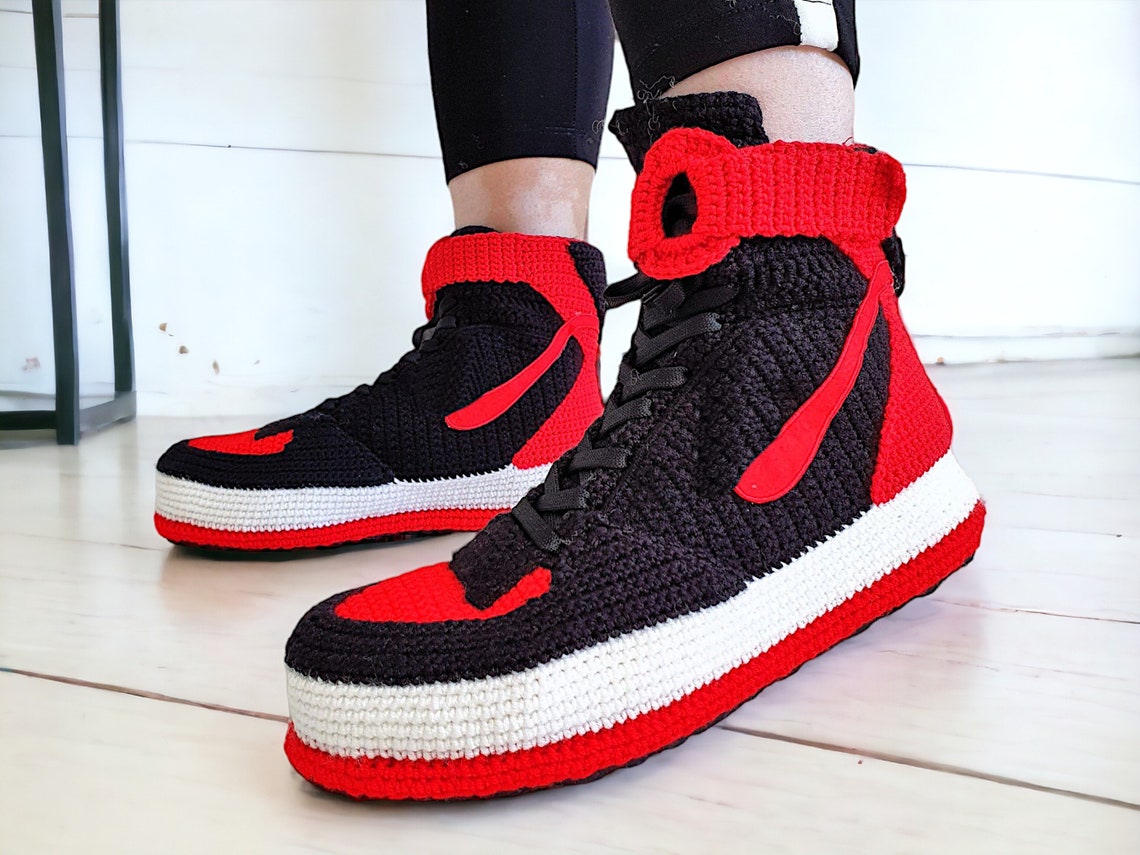 Custom Jordan-style High Top Sneaker Slippers - Red and Black Unisex ...
