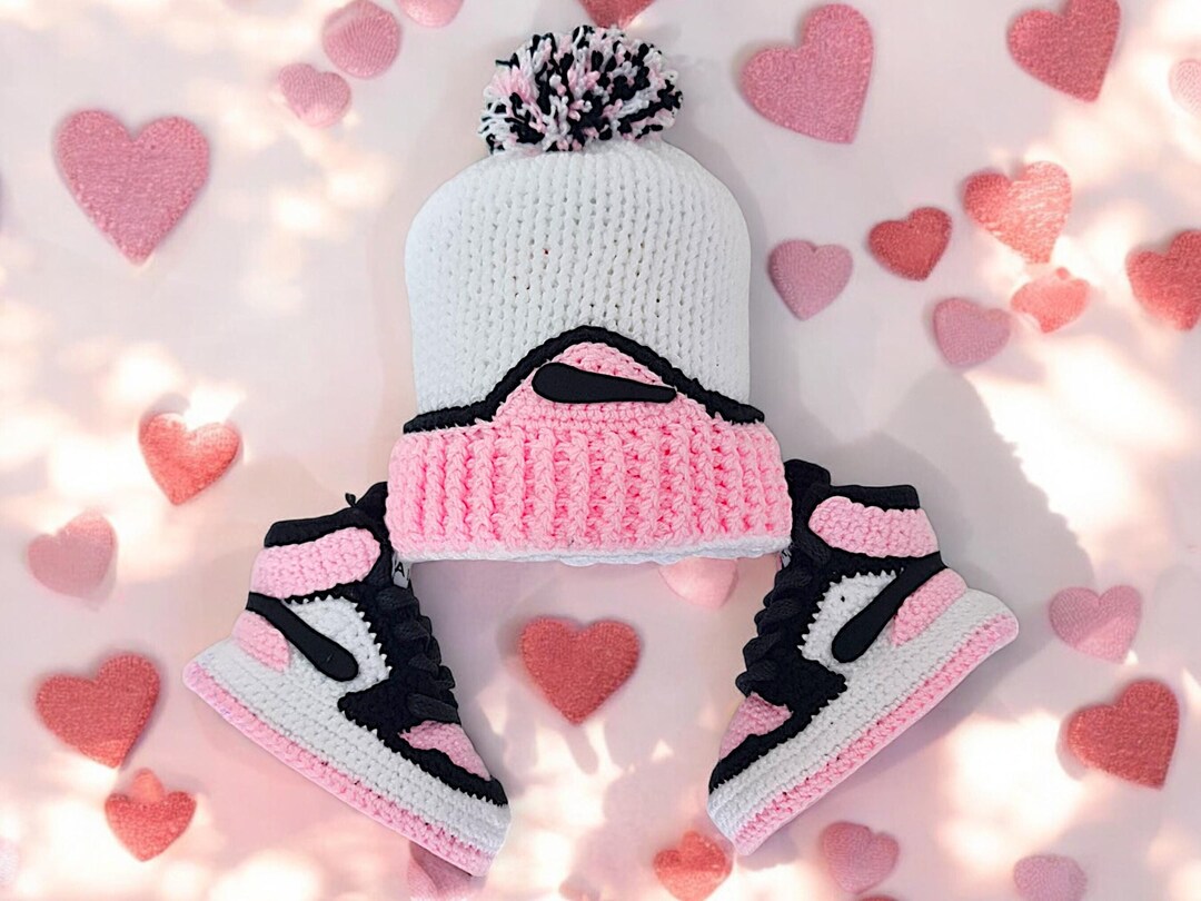 Crochet Baby Jordans Style Pink Booties and Beanie Set | Newborn Girl ...