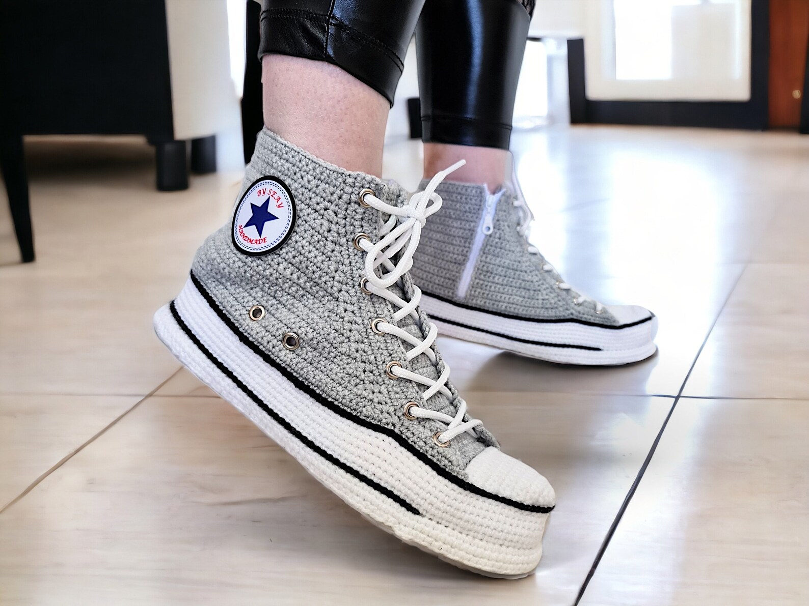 Gray Converse-style Crochet Sneakers Slippers | Custom Wool Blend Knit ...