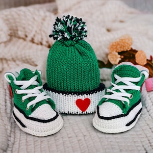 Green Baby Booties & Crochet Beanie, Newborn Knitwear, Gender Neutral ...