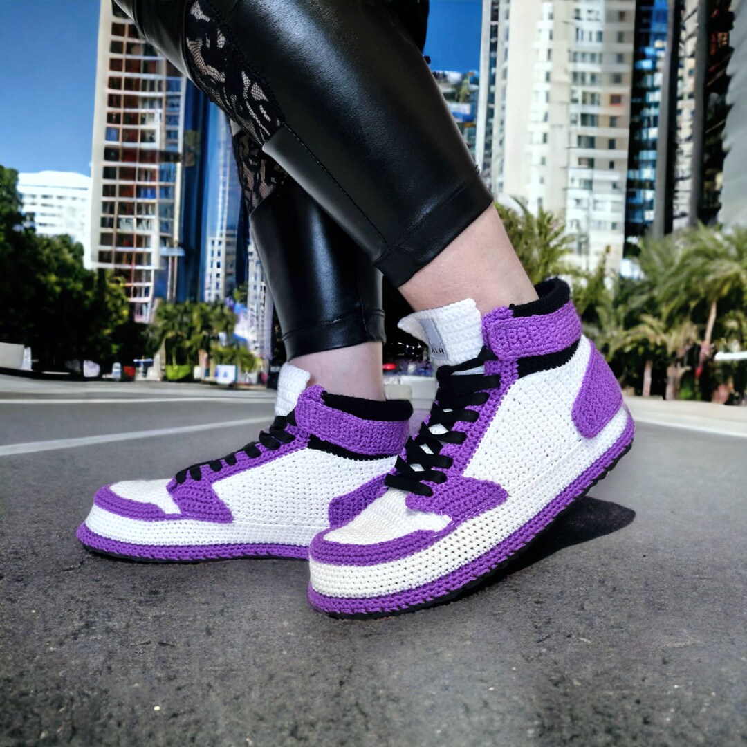 Purple Crochet Sneaker Slippers, Urban Style Indoor Shoes, Personalized ...