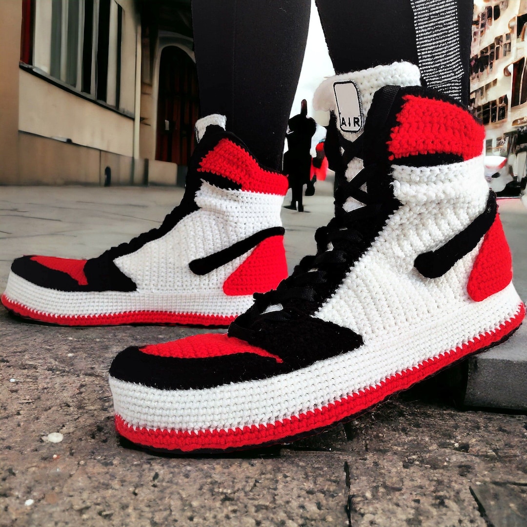 Custom Crochet High Top Jordan-style Bred Sneakers Slippers ...