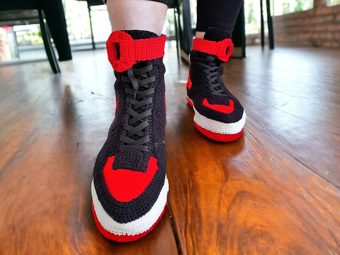 Custom Jordan-style High Top Sneaker Slippers - Red and Black Unisex ...