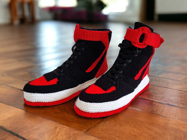 Custom Jordan-style High Top Sneaker Slippers - Red and Black Unisex ...
