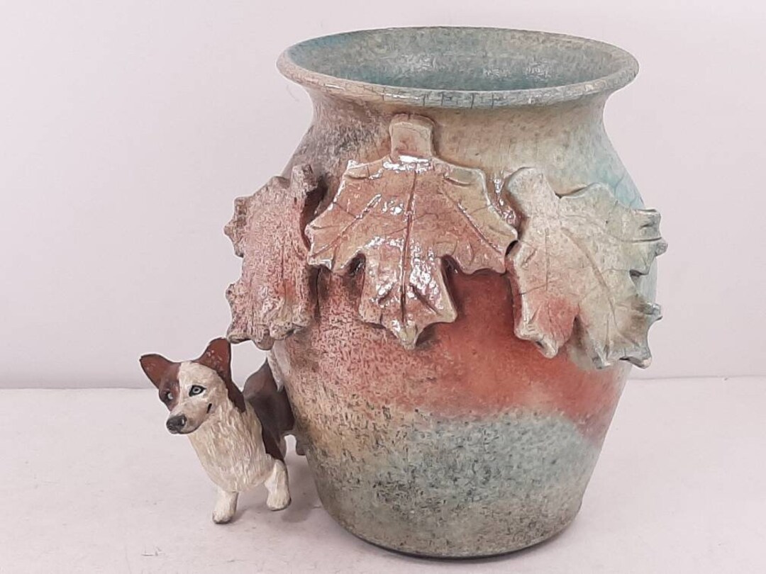 Vintage Handmade Pottery Vase With Maple Leaves, Pastel Blues and ...