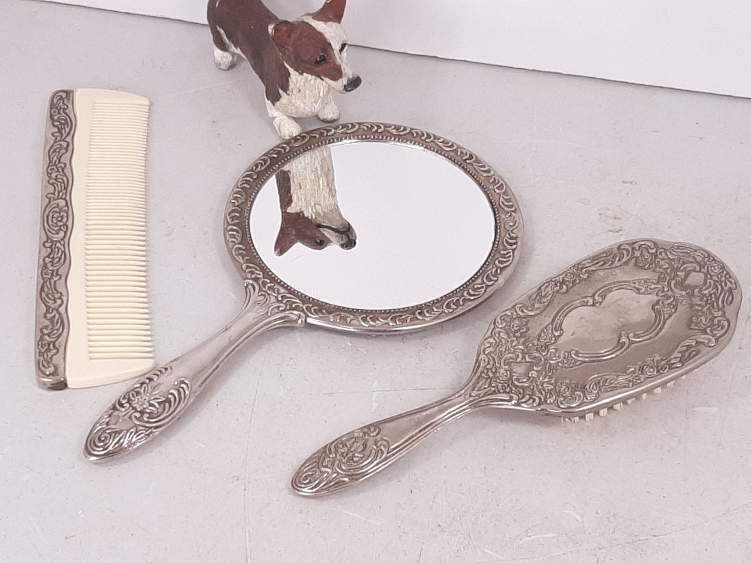 Vintage Nickelplate Ornate Hand Mirror; Brush and Comb, Brittle ...