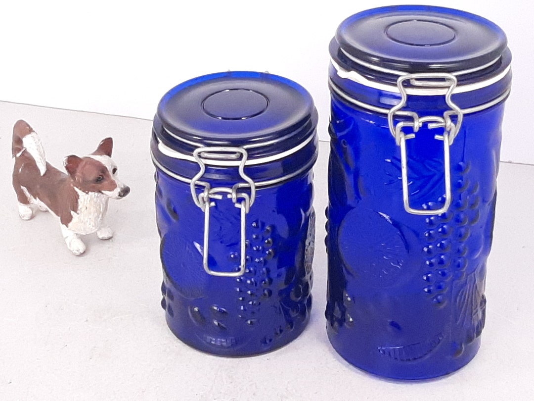 Vintage Cobalt Blue Glass Canisters With Embossed Fruit, Spring Wire ...