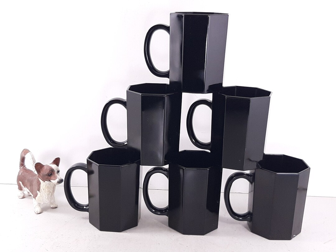 Set of 6 Vintage Arcoroc Octagonal Black Glass Coffee Mugs Made in ...